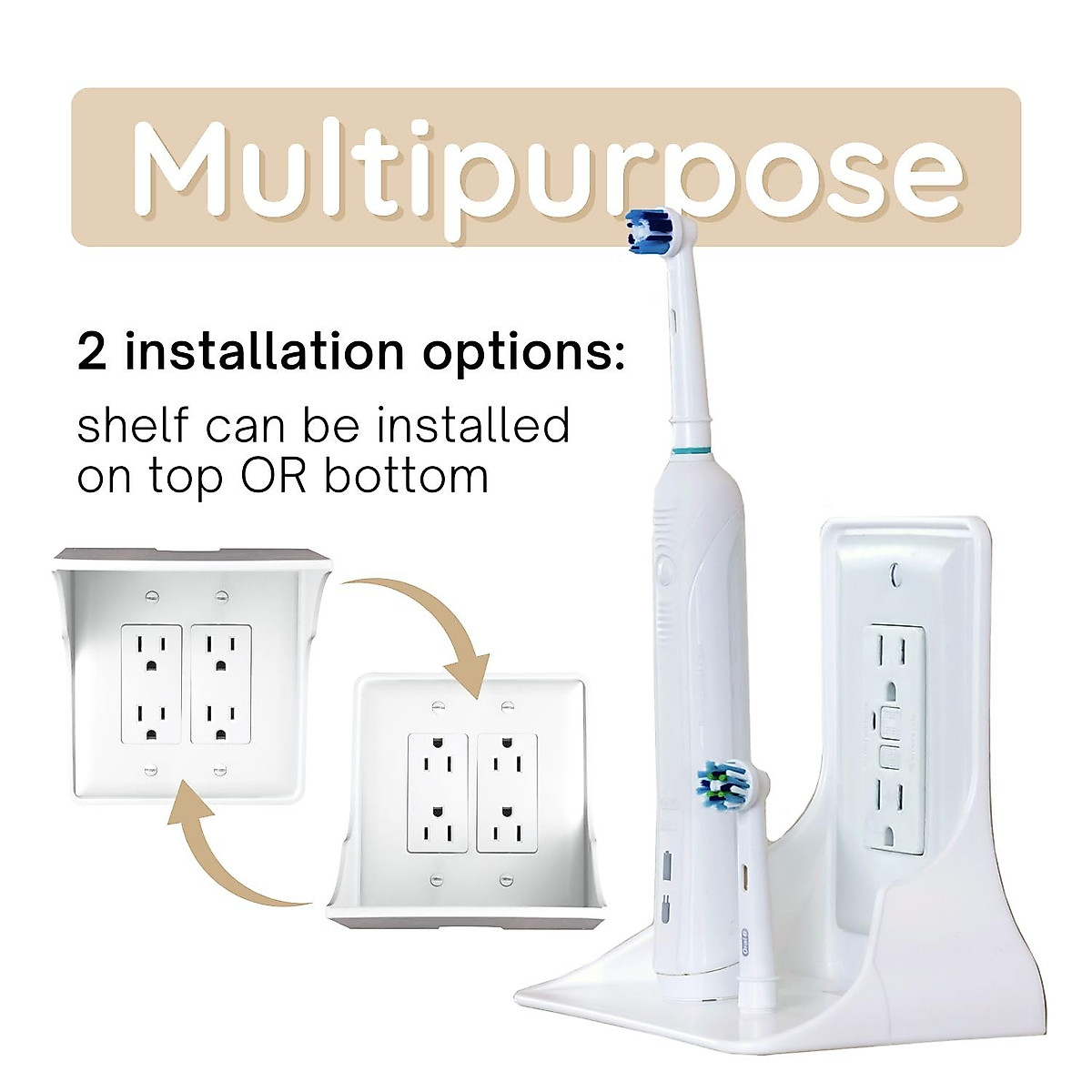 Storage Theory Power Perch Double Outlet Shelf - Convert Your Outlet into Display Shelves - Alexa Speaker Stand, Electric Toothbrush Holder - Light Socket Shelf 2 Pack, White