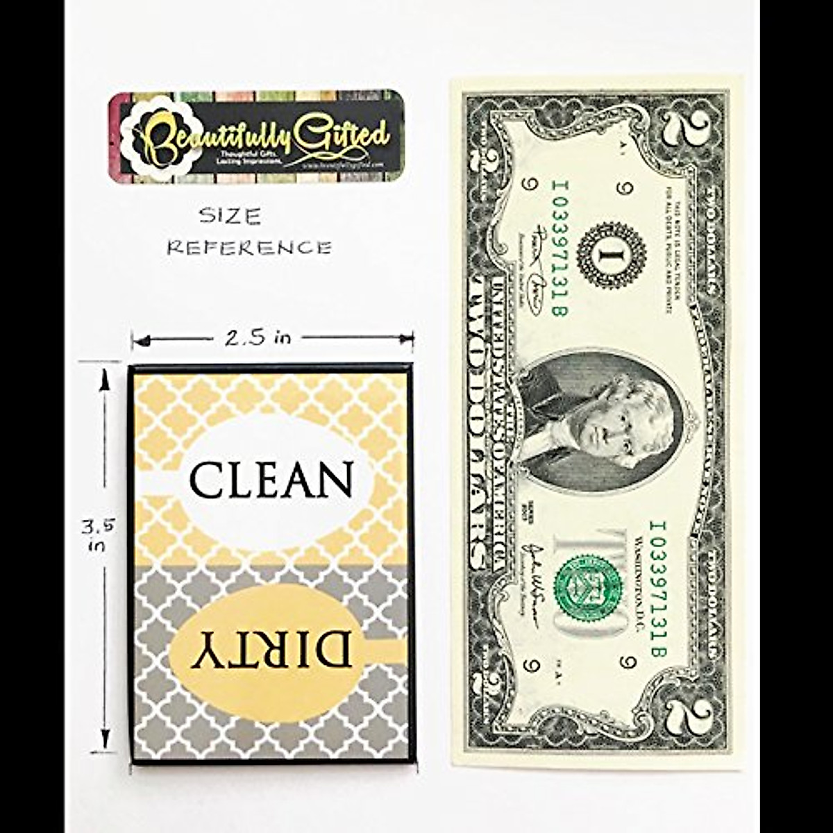 Clean Dirty Dishwasher Magnet Sign - Modern Elegant Moroccan Trellis Pattern - Yellow Gold Grey - 2.5 x 3.5 - Housewarming, Gag Gift Idea for Mom Dad/Christmas Stocking Stuffers for Women Men Teens