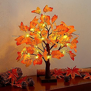 Woohaha 24LED Fall Tree Lighted Maple Tree,Thanksgiving Decoration Maple Leaf Table Tree,Timer Battery Operate Fall Decor Lights for Indoor Outdoor Holiday Autumn Harvest Xmas Party Home Decor