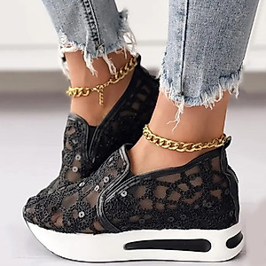 Zrayuler Floral Embroidery Breathable Sheer Sneakers, Spring Lace Mesh Casual Shoes, Fashion Platform Shoes Hidden Wedge Heel High Top Sneakers Arch Support Low Top Play Loafers Women's Casual Shoes