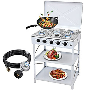 forimo Gas Stove Portable Propane Stove 5 Burner with Support Leg Stand and Wind Blocking Cover Adapter Auto Ignition Camping Stove LPG for RV, Apartment, Outdoor Cooking