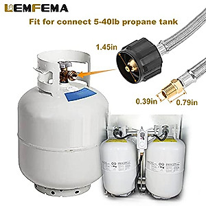 Lemfema 15 inch RV Propane Hose, 1/4" Male NPT Stainless Steel Braided Propane Hose with QCC1 for Standard 2-Stage Regulator, Include Thread Seal Tape, 2 Pack