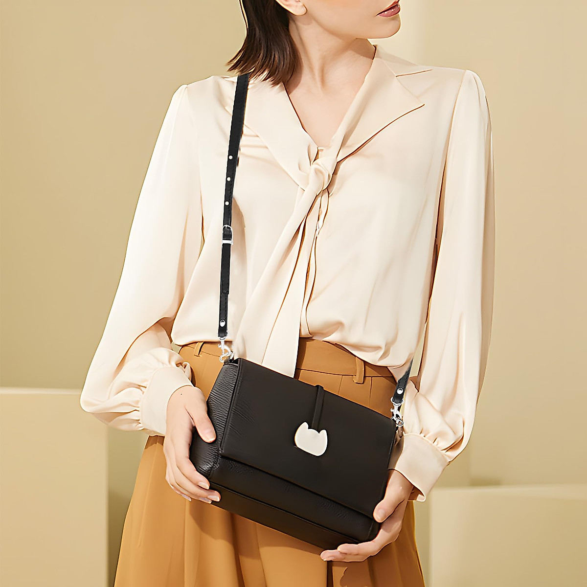 RAYNAG Adjustable Purse Strap Replacement Leather Handbag Shoulder Strap Replacement with Silver Metal Swivel Hooks, Black