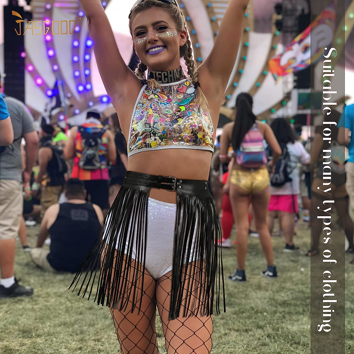 JASGOOD Wide Tassel Waist Belt for Women Fringe Black PU Leather Gypsy Style Belt for Ladies Punk Outfit (Fit Size 30.7”-39.3”, Tassel length 40cm)