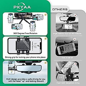 PKYAA Rearview Mirror Phone Holder for Car, 360° Rotating Rear View Mirror Phone Mount with Adjustable Arm Length, Multifunctional Phone and GPS Holder Universal Car Phone Holder for All Smartphones