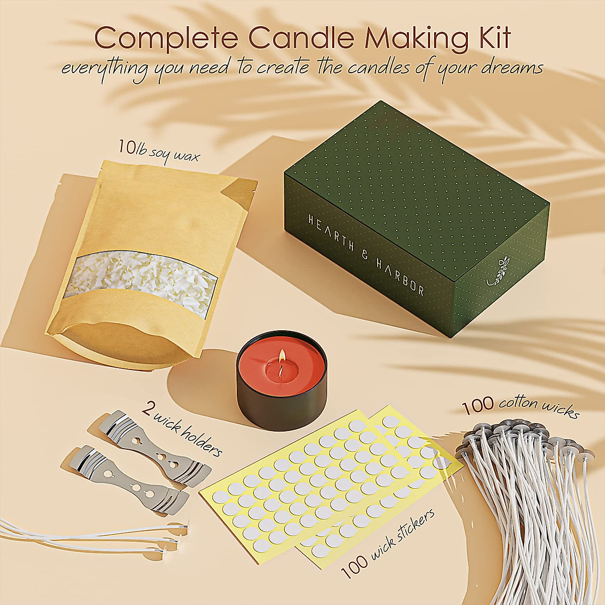 Hearth & Harbor Natural Soy Wax and DIY Candle Making Supplies - 10 Lbs Soy Candle Wax Flakes, 24 Candle Wax Dye Blocks, 100 Cotton Wicks, and 2 Metal Centering Device