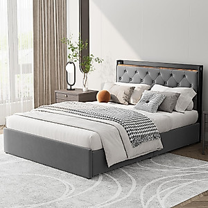 IDEALHOUSE Velvet Upholstered Queen Size Platform Bed Frame with 4 Storage Drawers, Storage Headboard with Charging Station, Mattress Foundation with Wooden Slats Support,No Box Spring Needed, Gray