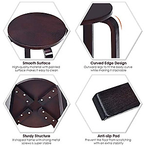 COSTWAY Stackable Bentwood Stools Set of 4, 18-Inch Height Backless Counter Chairs with Round Top, Anti-Slip Felt Pad, Portable School Stool for Dining Room, Kitchen, Classroom, Dark Coffee