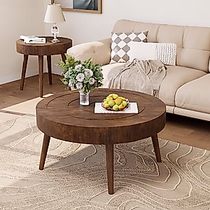 COSIEST 2 Piece Round Coffee Table Set, Modern Nesting Table with Handcrafted Wood Ring Motif, Farmhouse Wood End Table for Living Room
