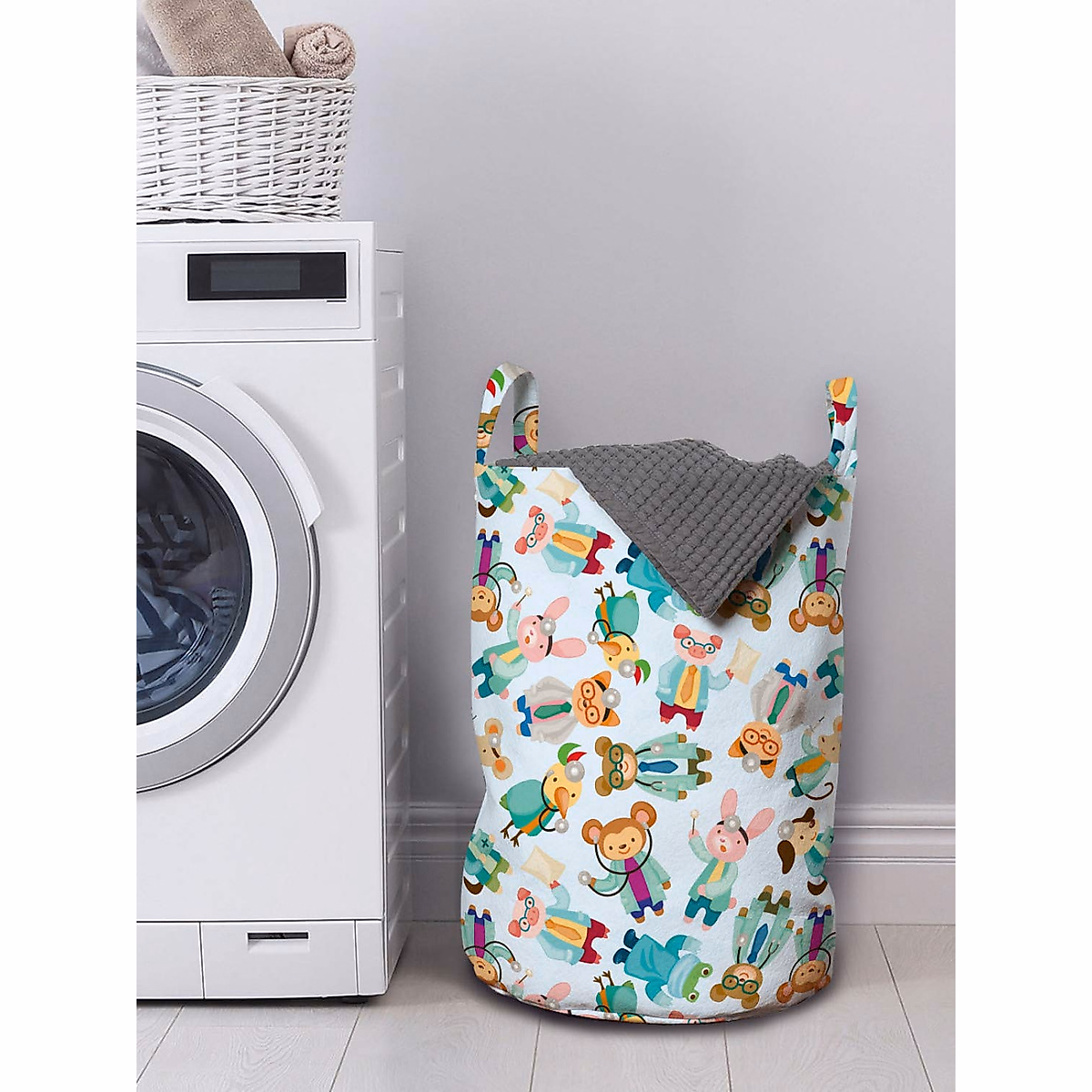 Ambesonne Cartoon Laundry Bag, Whimsical Humanized Animals with Glasses as Doctors Wearing Print, Hamper Basket with Handles Drawstring Closure for Laundromats, 13" x 19", Pale Blue Multicolor