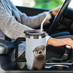 LLUTSNTH 40 Oz Vacuum Tumbler with Black Handle Leakproof Insulated Tumbler Cute Otter Stainless Steel Travel Mug with Lid And Straw Coffee Cup Cute Water Bottles Cup Holder Friendly