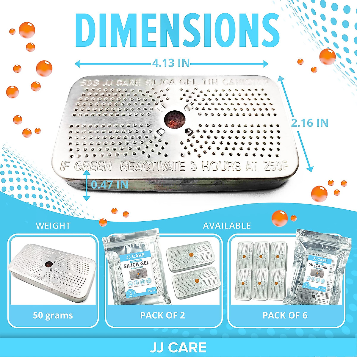 JJ CARE Silica Gel Canister, 50g [Pack of 6] - (Orange to Green) Indicating Rechargeable Dehumidifier Desiccant Beads, Safe Moisture Absorber, Ammo Can Dehumidifier for Gun Safe, Vault, Bedroom, Car