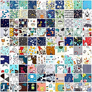 100 Pcs Cotton Fabric Square Patchwork Craft Fabric Scraps Quilting Fat Bundles Flower Animals Cartoon for DIY Sewing Cloths (Cute, 10 Inch)