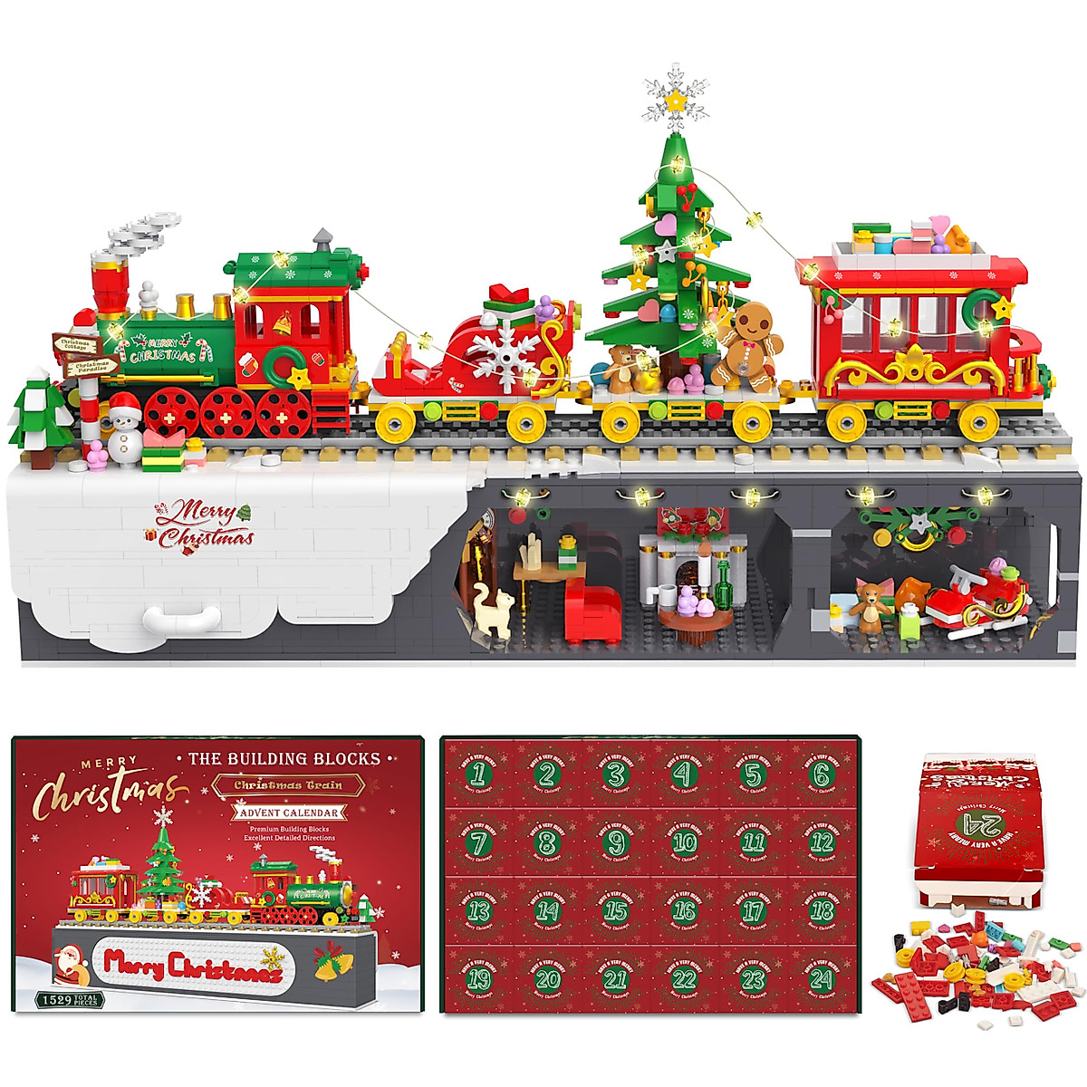 Advent Calendar 2023 Christmas Train Building Blocks Set, 24 Boxes-1529 Pieces Christmas Train with Lights Display Building Kits for Adults and Kids Countdown to Christmas Thanksgiving Gifts
