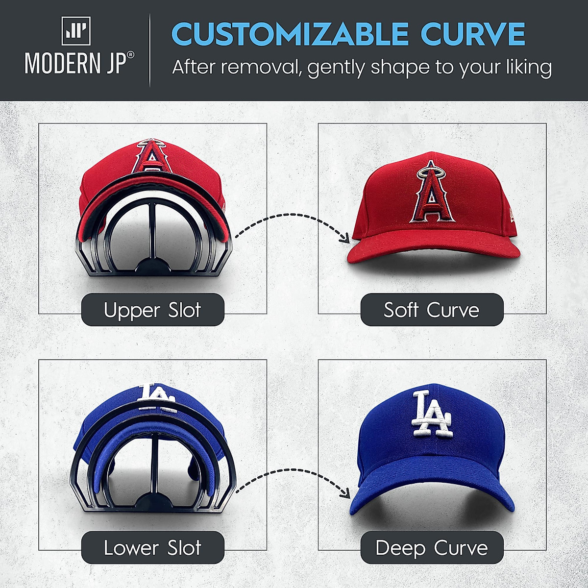 Modern JP Hat Brim Bender (4-Pack) - Perfect Hat Curving Band, Steaming Optional - Convenient Hat Shaper Design with Dual Option Hat Bill Bender Slots - U.S. Patent Pending, Black