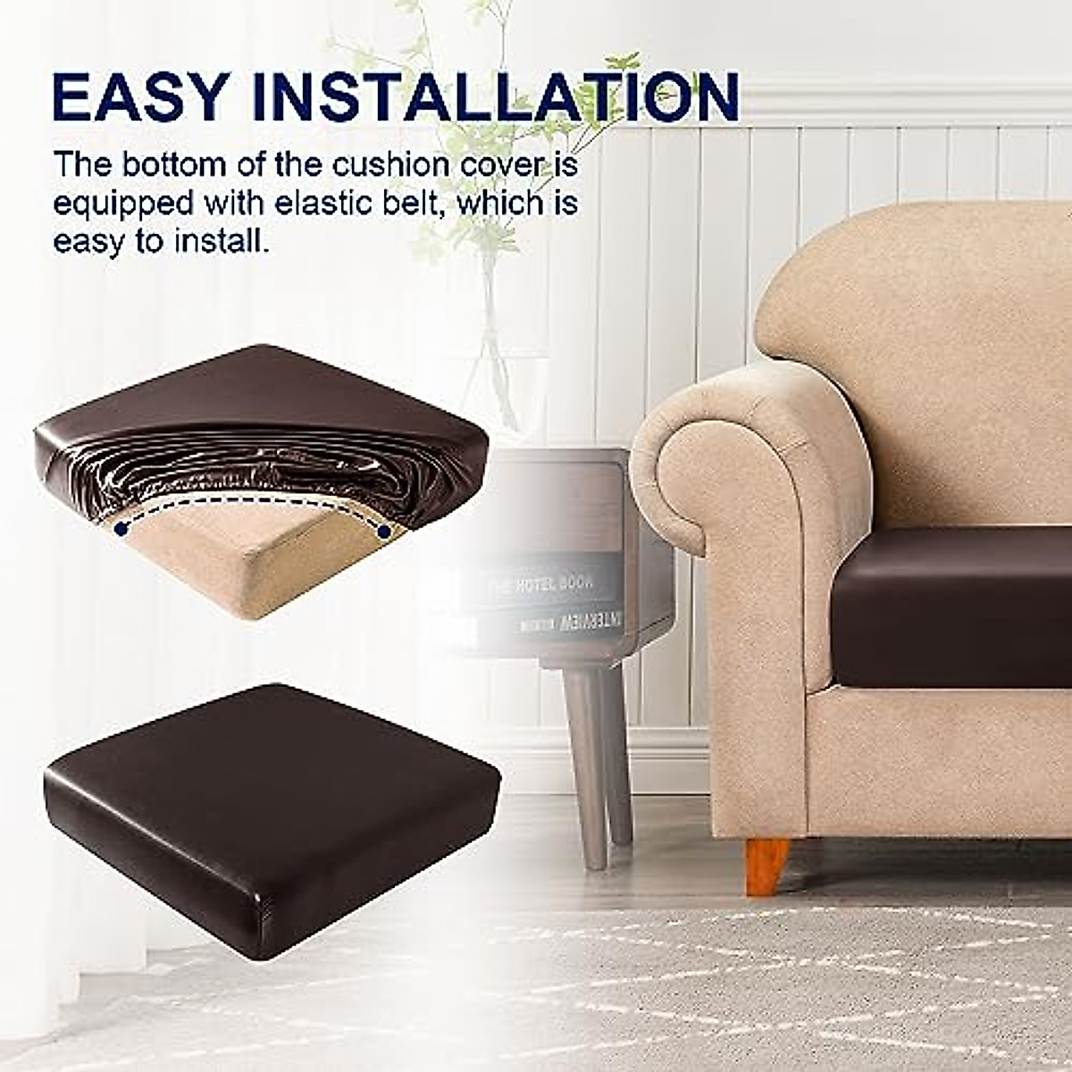 SUBRTEX Leather Waterproof Cushion Covers Breathable Sofa Seat Slipcpvers for 2-3-4 Seaters Stretch Replacement for Furniture Protector (2 Pack, Chocolate)