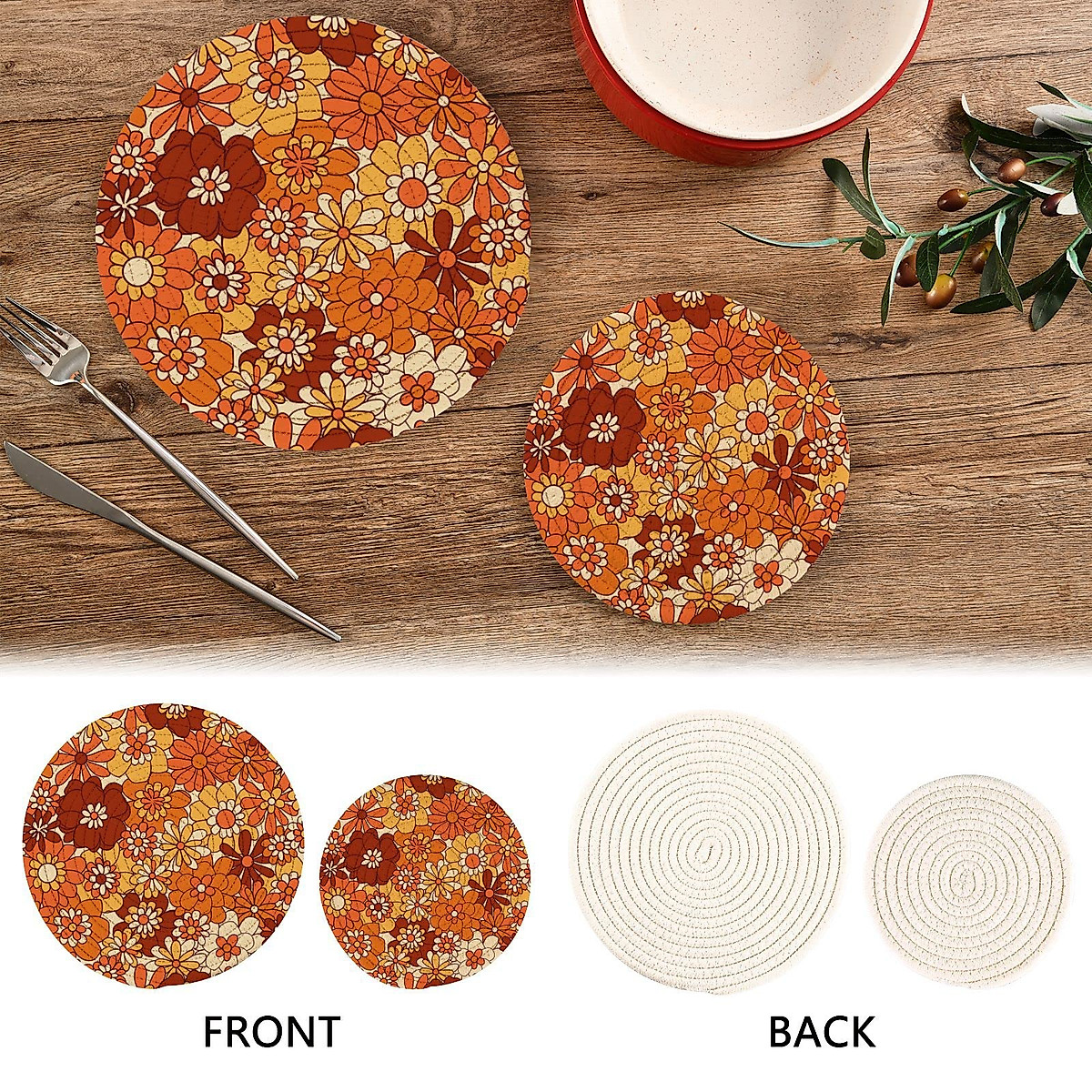 Kitchen Pot Holders Set 2 Pcs Cotton Thread Weave Trivets Set Stylish Coasters for Hot Dishes Pot Bowl Coffee Hot Pot Holders Boho Floral Vintage