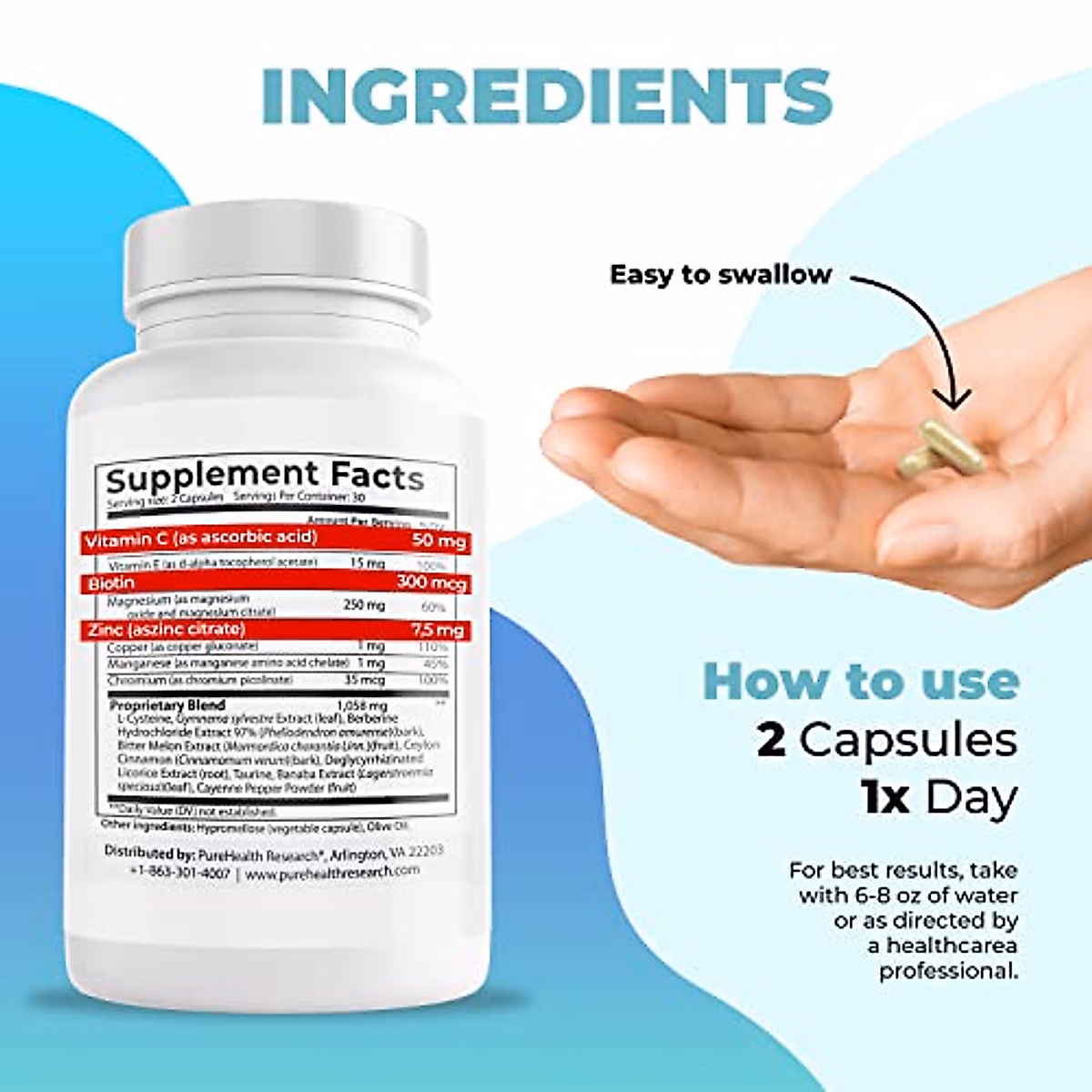 PUREHEALTH RESEARCH Glucose Balance Supplement - Blood Glucose Blend with Vitamin C, Magnesium, and Berberine for Men & Women, Increase Energy & Focus, Non-GMO, 60 Count