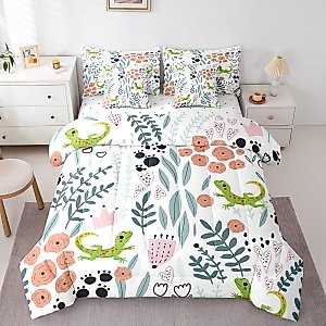 Erosebridal Reptile Kids Comforter Set Twin 7 Piece Lizard Gecko Print Bed in a Bag Wildlife Animal Room Decor,Green Leaf Pink Flowers Bedding Set with Fitted Sheet,Flat Sheet,Pillow Cases & Covers