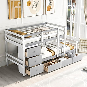 Harper & Bright Designs Twin Over Twin Bunk Bed with 6 Drawers, Solid Wood Bunk Beds with Ladder, Safety Rail for Kids, Boys and Girls, Teens, No Box Spring Needed (Natural)