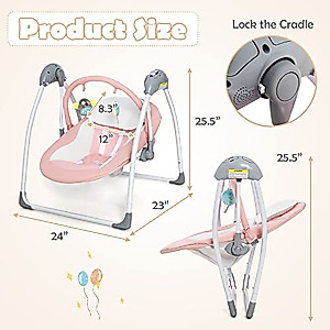 INFANS Baby Swing for Infants, Compact Portable Baby Electric Rocker for Newborn with 5 Speed Natural Sway Music Timing 2 Toys Remote Control, Easy Fold, 0-6 Months Boy Girl (Pink)