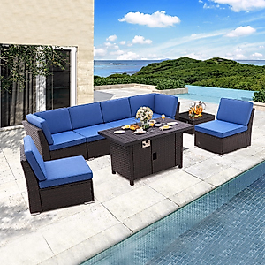 8 Pieces Outdoor Patio Furniture Set with 46" Propane Fire Pit Table, Brown PE Wicker Patio Furniture Sectional Sofa, 55,000 BTU Auto-Ignition Firepit w/Glass Wind Guard