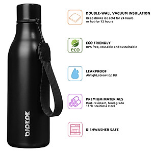 BJPKPK Insulated Water Bottles, 18 oz Stainless Steel Metal Water Bottle with Strap, BPA Free Leak Proof Thermos, Mugs, Flasks, Reusable Water Bottle for Sports & Travel, Black