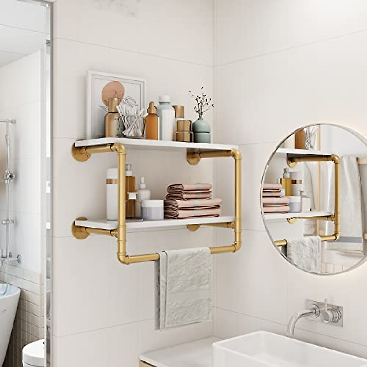 HOMEKAYT Industrial Pipe Shelving Wall Mounted Rustic Wood Shelf Industrial Floating Shelves-(Gold,2-Tier)