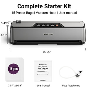 Vacuum Sealer Machine, Ultra Compact & Fully Automatic with Built-In Cutter, 85KPA High-Performance Food Vacuum Sealer, Dry & Moist Modes, 12-Inch Enhanced Seal Strip, Includes 15 Bags & Suction Hose