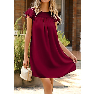 KIRUNDO Wedding Guest Shift Dresses for Women Short Spring Summer Ruffle Cap Sleeve Chiffon Babydoll Flowy Mini Sundress(Jujube Red, Medium)