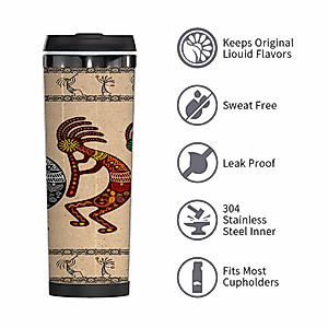 WONDERTIFY Kokopelli Coffee Cup Stylized Mythical Characters Playing Flutes Coffee Mug Stainless Steel Bottle Double Walled Thermo Travel Water Metal Canteen