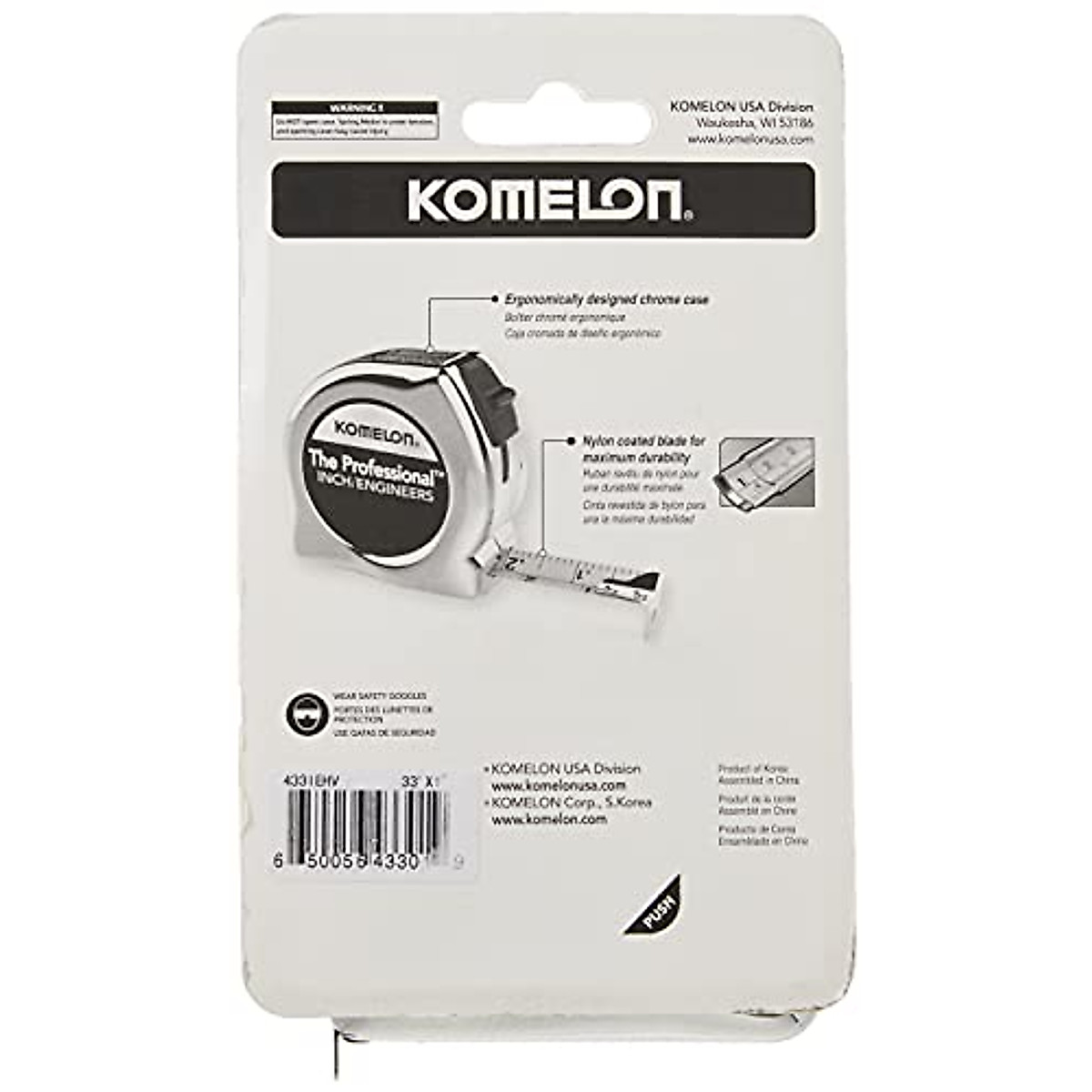 Komelon 433IEHV High-Visibility Professional Tape Measure both Inch and Engineer Scale Printed 33-feet by 1-Inch, Chrome
