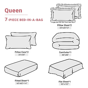 JOLLYVOGUE Queen Comforter Set 7 Pieces, Pink Bed in a Bag Comforter Set for Bedroom, Bedding Comforter Sets with Comforter, Sheets,Ruffled Shams & Pillowcases