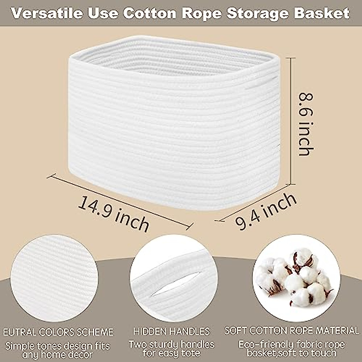MEGASKET White Baskets for Organizing Set 3, 14.9" X 9.4" X 8.6" Cotton Rope Woven Baskets with Handles, Shelves White Wicker Storage Baskets, Baby Kids Closet Organizer Storage Bins, Cream White