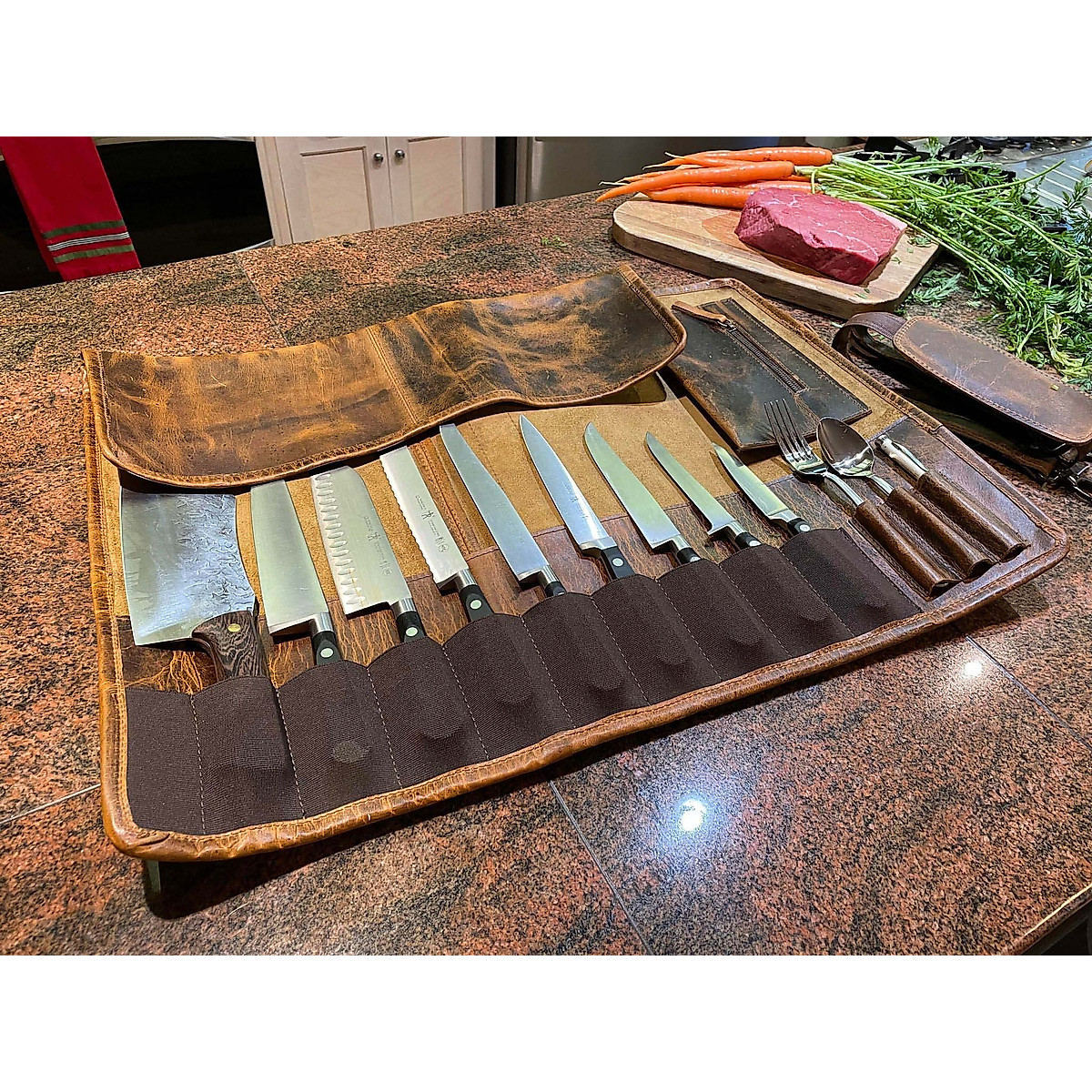 Knife Bag Knife Roll - Case for Knives - SharpStyle: Genuine Leather Chef Knife Roll - Beautifully Holds 10 Knives + Utility Pockets - Includes Leather Carry Handle and Strap - Large.