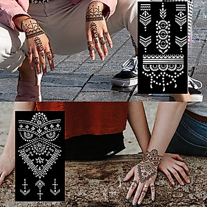 QSTOHENA Pack of 12 Henna Temporary Tattoo Stencil Kit - 145Pcs Glitter Airbrush Tattoo Sticker Indian Arabian Black Henna Tattoo Temp for Women Kids