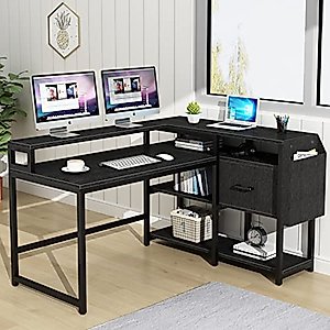 Loomie Reversible L Shaped Computer Desk with Drawer, 55" W x 41" D Industrial Corner Computer Desk with 4 Tier Storage Shelves & Monitor Stand and Storage Bag, Study Table for Home Office, Black