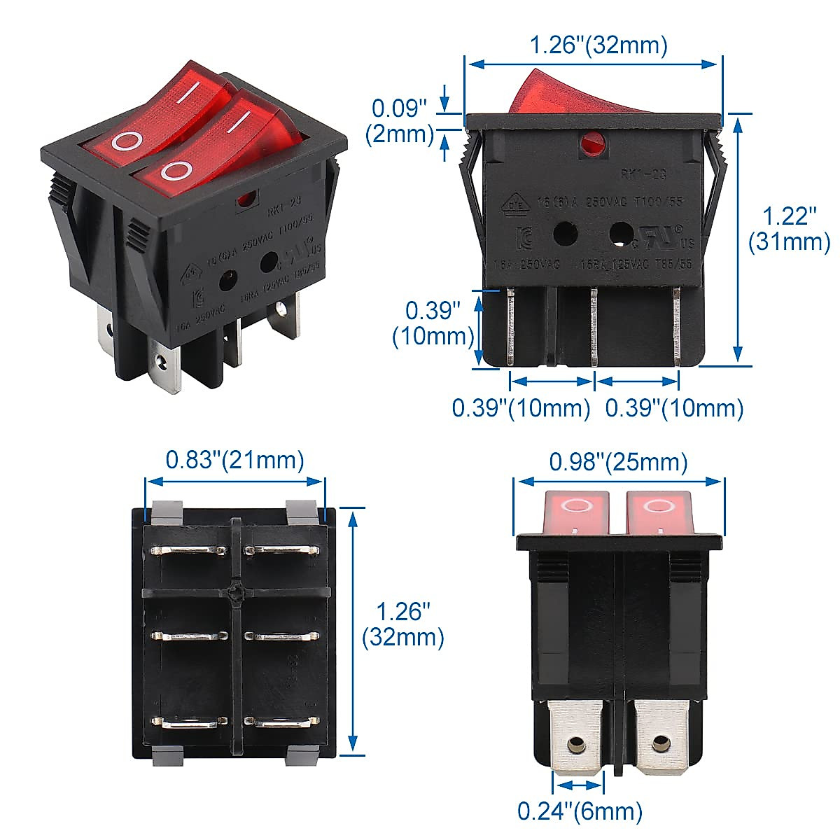 Baomain Boat Rocker Switch Red Light Illuminated AC 16A/250V 16A/125V 6 Pin Dual DPDT ON/OFF UR List (1PCS)