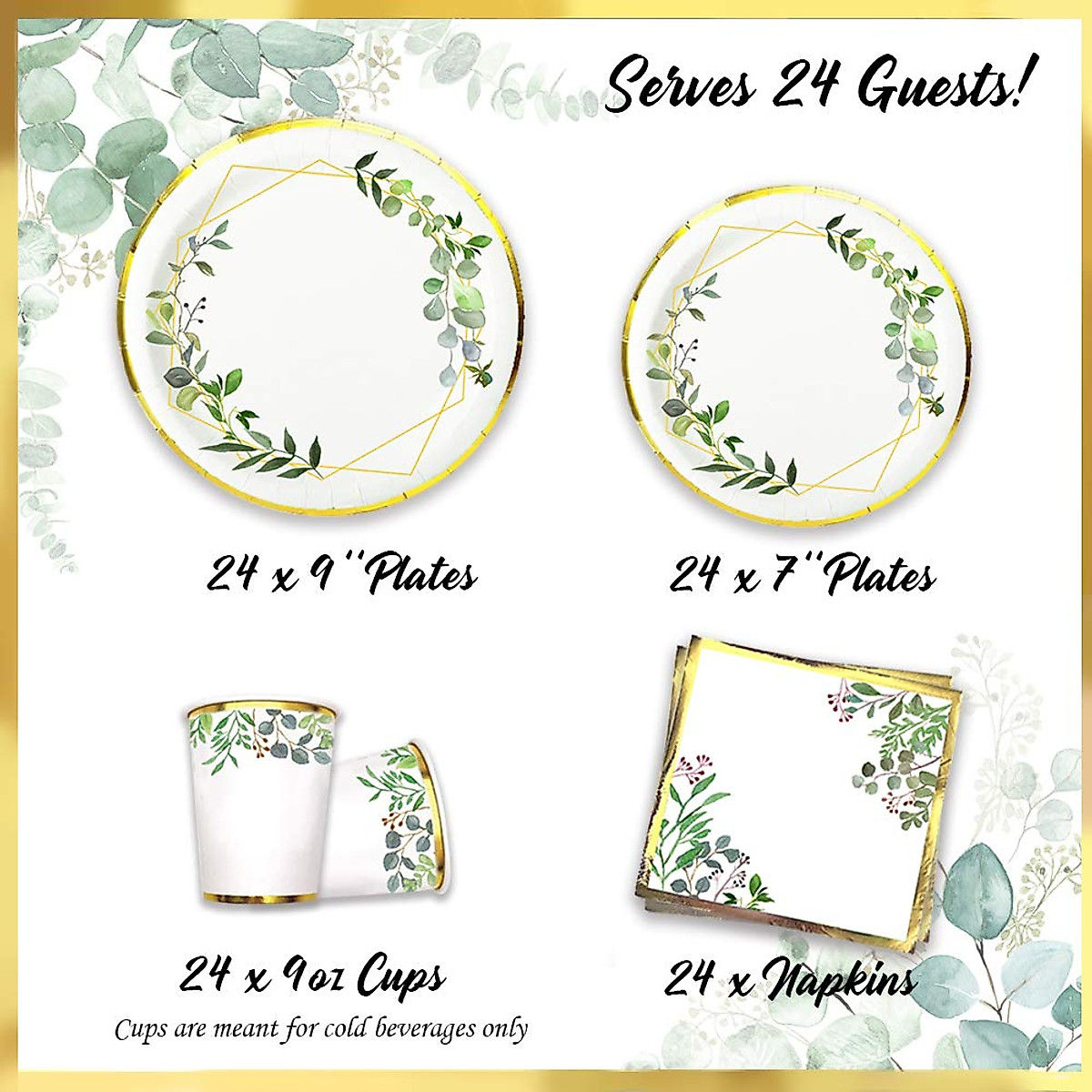 Ola Memoirs Greenery Safari Plates and Napkins for 24 Boho Party Supplies Jungle Theme Baby Shower Paper Disposable Cups Birthday Decorations Bridal Floral Tropical Wedding Gold Green Decor Boy Girl