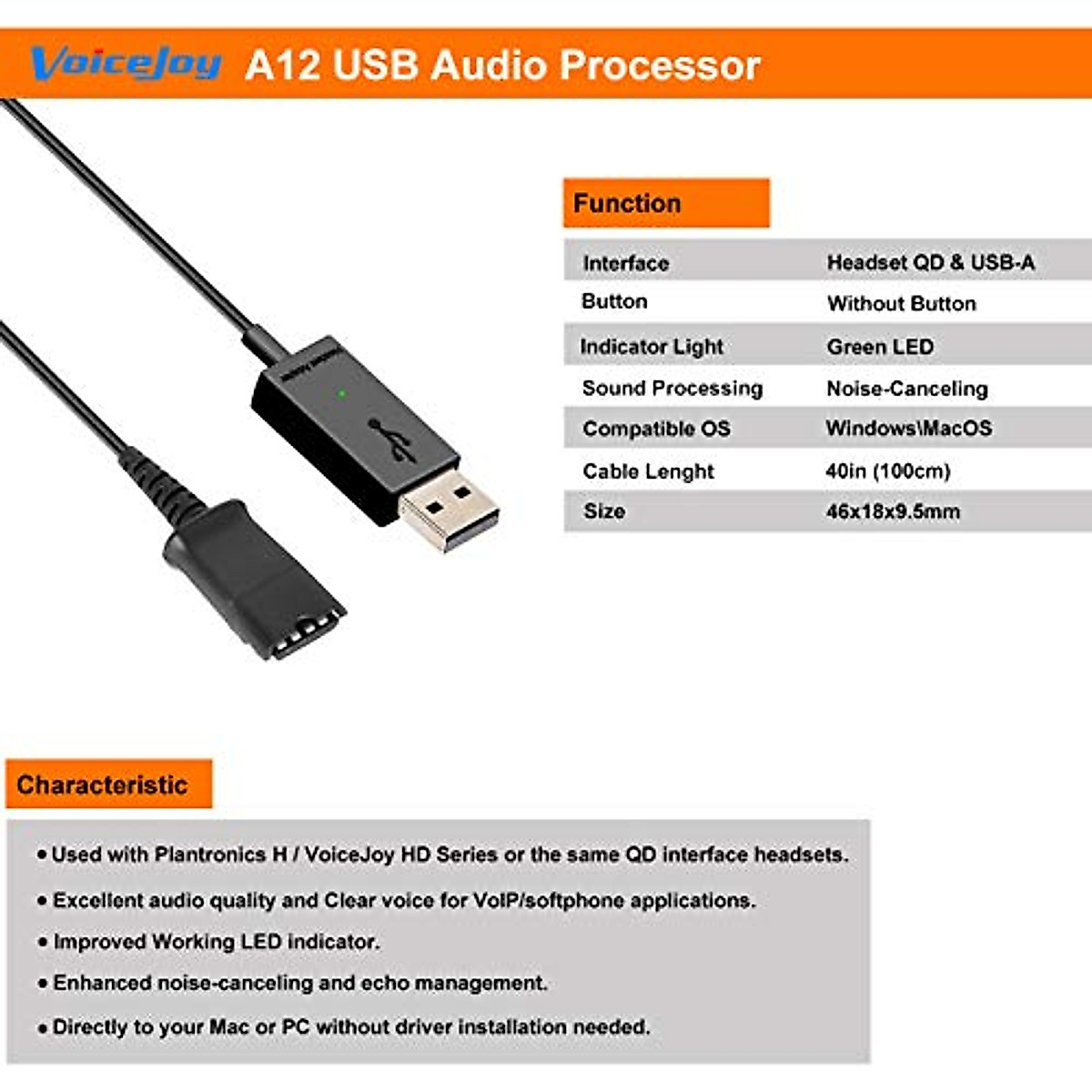 VoiceJoy Office Headset Quick Disconnect QD Cable to USB Plug Adapter for Plantronics QD Connector to Any Computer Laptop