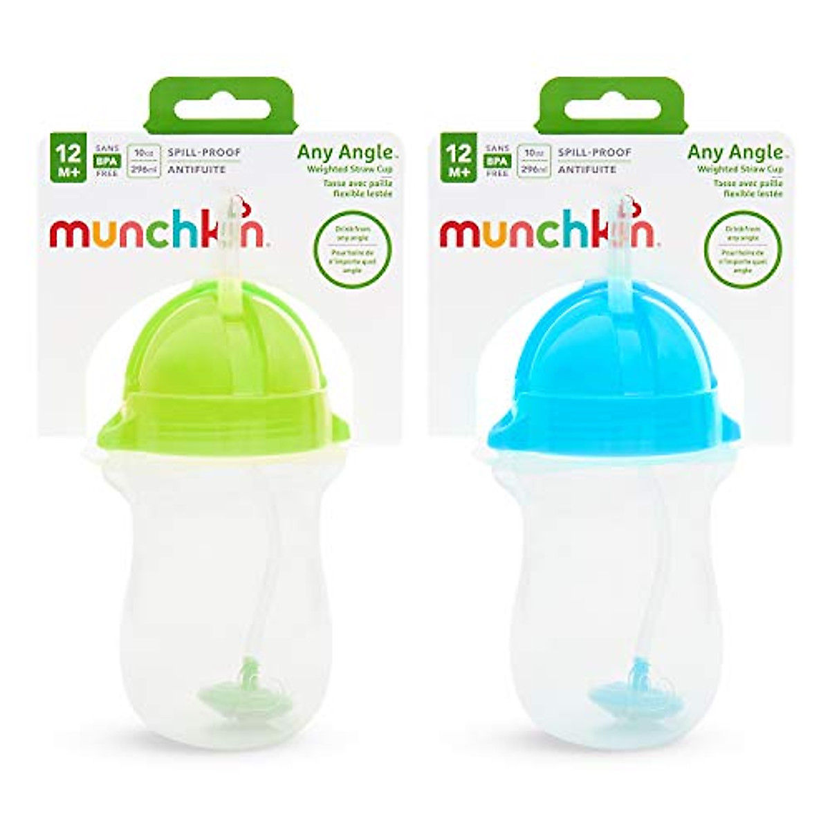 Munchkin® Any Angle™ Weighted Toddler Straw Cup with Click Lock™ Lid, 10 Ounce, 2 Pack, Blue/Green