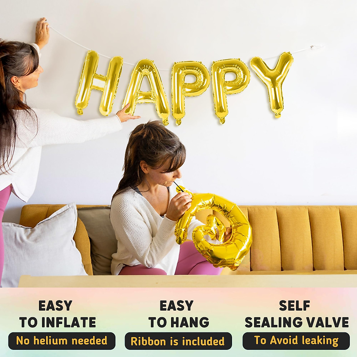 Letter Balloons - Custom Phrase 16" Inch Alphabet Letters & Numbers Foil Mylar Balloon | Create Your Own Balloon Banner | Customized / Personalized Phrase With Mini Blow Up Gold Letter Balloons