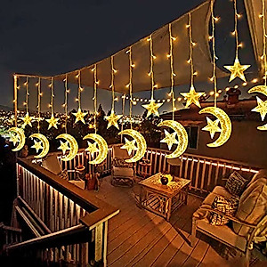 Janchs Solar String Lights Outdoor Ramadan Eid Decorations, 8 Modes Waterproof 138LED Solar Powered Star Moon Curtain Lights Window Fairy Lights for Backyard Garden Patio Home Christmas Ramadan Decor