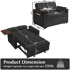 SPOWAY 3 in 1 Sleeper Sofa Couch Bed, Modern Velvet Convertible Sofa Bed with Adjustable Backrest & 2 Pillows, Hidden Side Table, Pull-Out Sofa Bed for Living Room Bedroom, Black