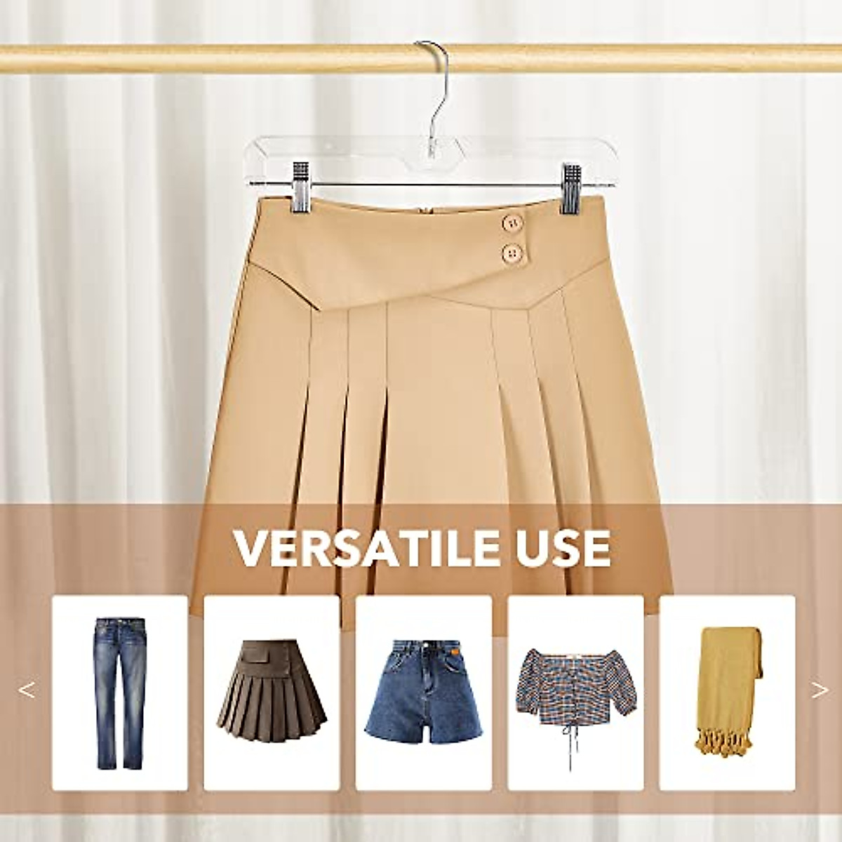 HOUSE DAY Pants Hangers 12 Pack Skirt Hangers with Clips 14 Inch Clear Hangers 360-Rotating Stainless Steel Clips,Hangers with Adjustable Clips for Adult and Hangers for Pants, Skirts, Jeans,Slacks