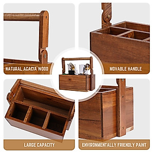 Mowsug Acacia Wood Silverware Caddy with Handle| Wooden Utensil Holder and Organizer with 4 Compartments| Cutlery Caddy Utensil holder for countertop| Ideal for Parties, Picnics, Outdoor Camping