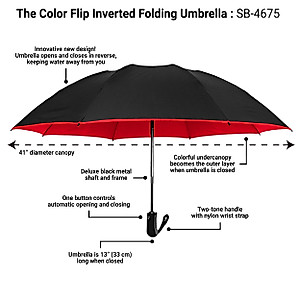 The Color Flip 46" Windproof Compact Inverted Umbrella Automatic Open Close Inside Out Mini Lightweight Reverse Umbrella for Rain & Sun, Strong Fiberglass Folding Umbrella For Men and Women, Red/Black