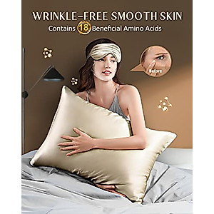 100% Mulberry Silk Pillowcase for Hair and Skin 22 Momme 6A Silk Pillow Case Zippered Soft Smooth Cooling -Standard Size 20"X 26"-with Eye Mask and Laundry Bag, Luxury Gift Set(Beige 1pc)