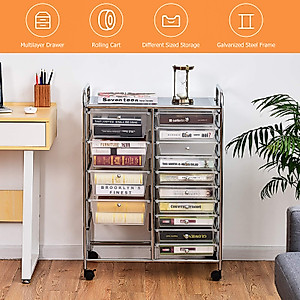 Byroce 15-Drawer Storage Rolling Cart, Mobile Classroom Craft Organizer for Art Supplies, Tools & Paper, Multipurpose Storage Cart on Wheels for School, Home Office (Clear)