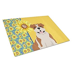 Caroline's Treasures WDK5415LCB Summer Sunflowers Red English Bulldog Glass Cutting Board Large Decorative Tempered Glass Kitchen Cutting and Serving Board Large Size Chopping Board